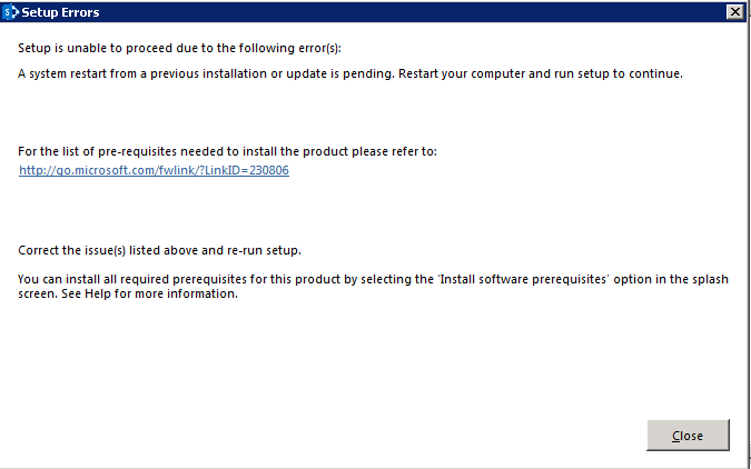 A System Restart from a previous installation or update is pending ...